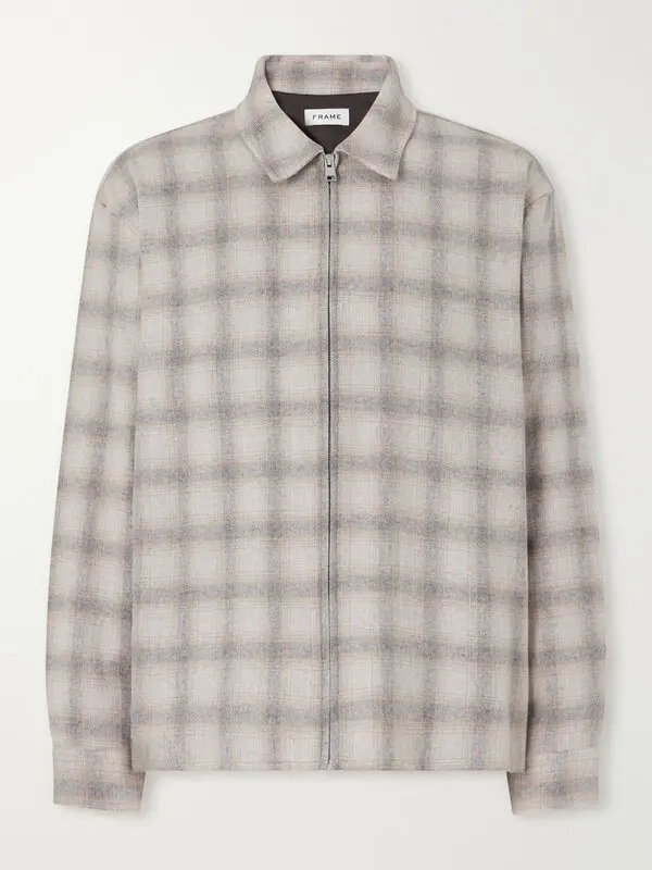 FRAME Checked Wool-blend Flannel Zip-up Overshirt - Neutrals