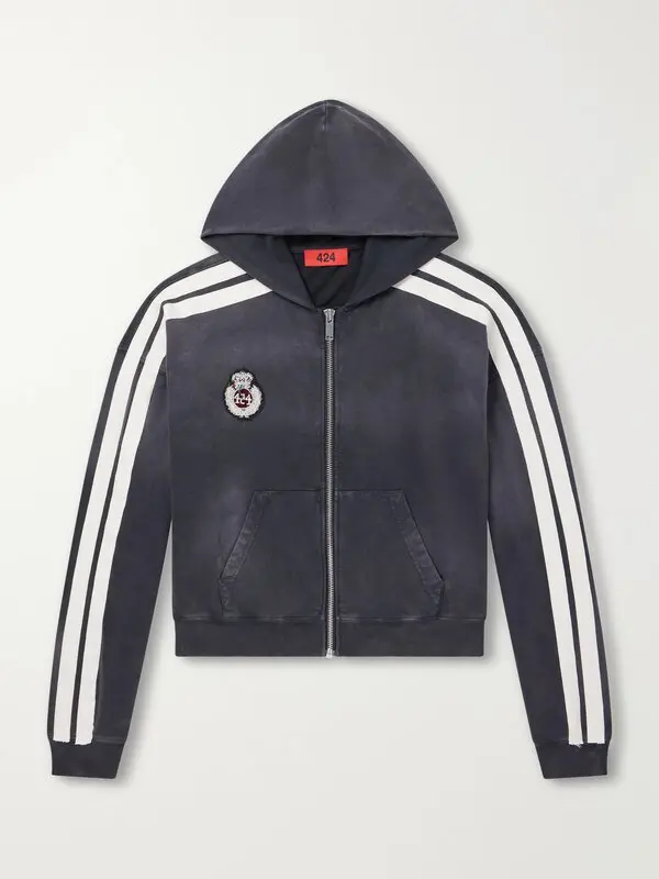 424 Logo-embroidered Distressed Cotton-jersey Zip-up Hoodie