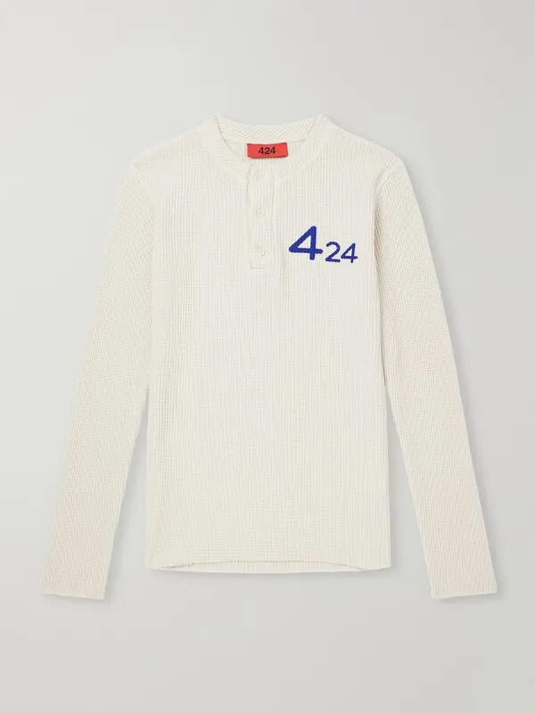 424 Logo-print Waffle-knit Henley T-shirt - Neutrals