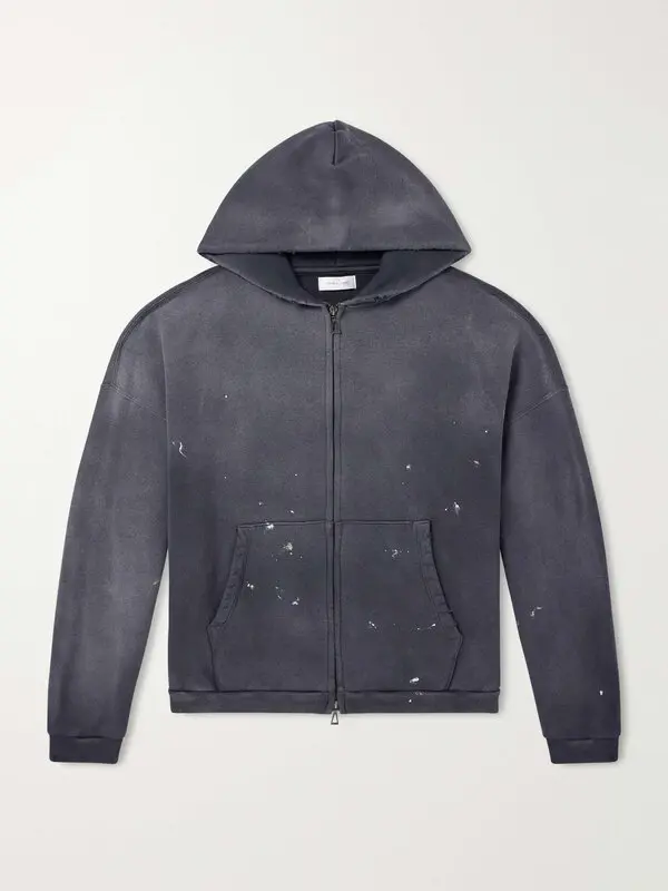 John Elliott Odean Frances Paint-splattered Distressed Cotton-jersey Zip-up Hoodie