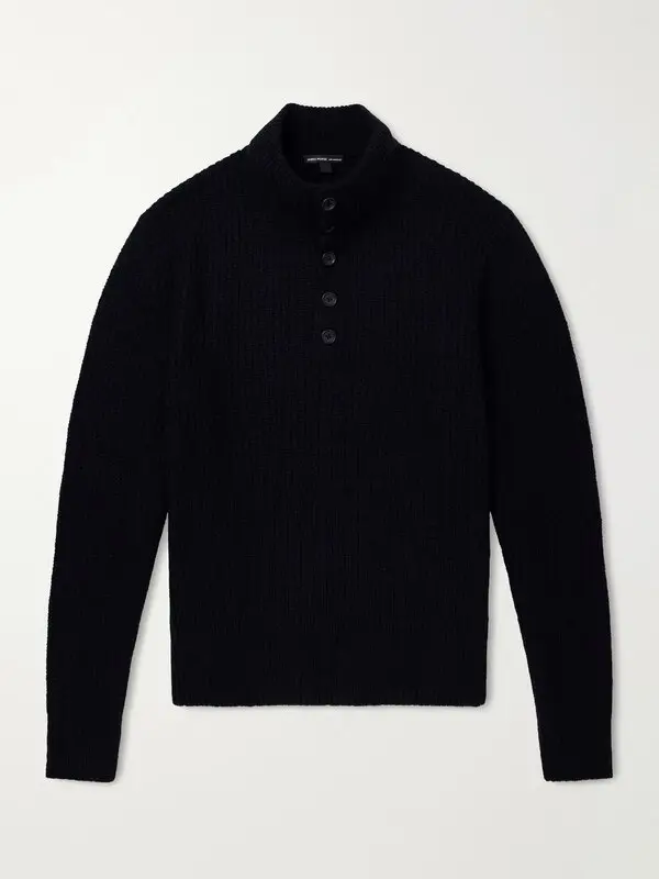 JAMES PERSE Ribbed Cashmere Polo Sweater - Black