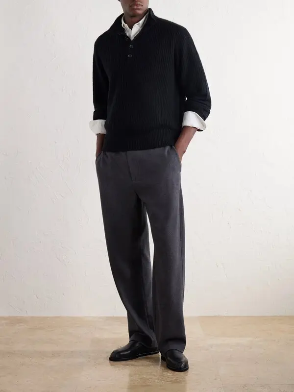 JAMES PERSE Ribbed Cashmere Polo Sweater - Black