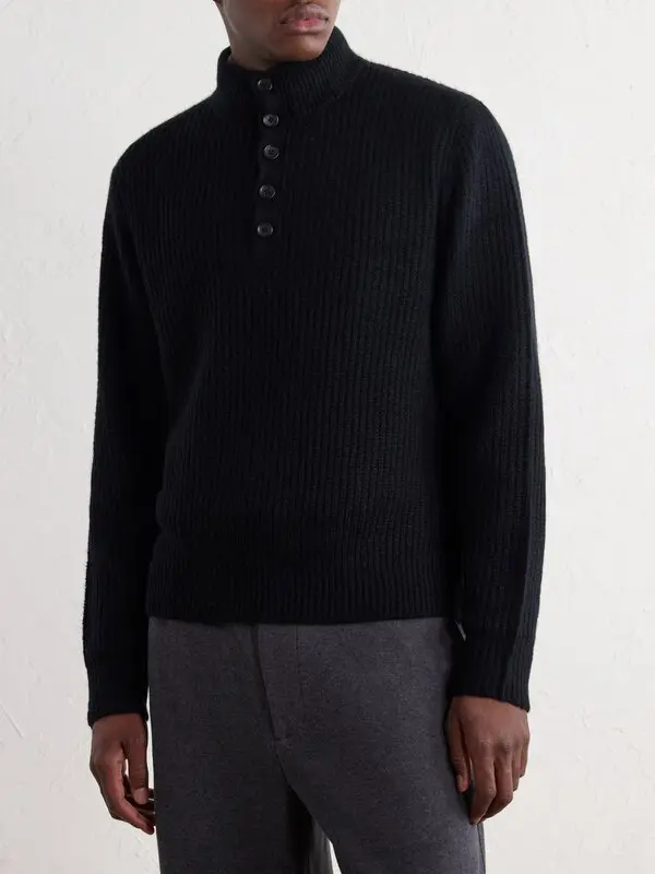 JAMES PERSE Ribbed Cashmere Polo Sweater - Black