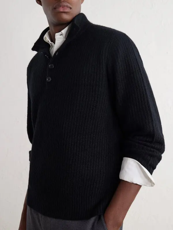 JAMES PERSE Ribbed Cashmere Polo Sweater - Black