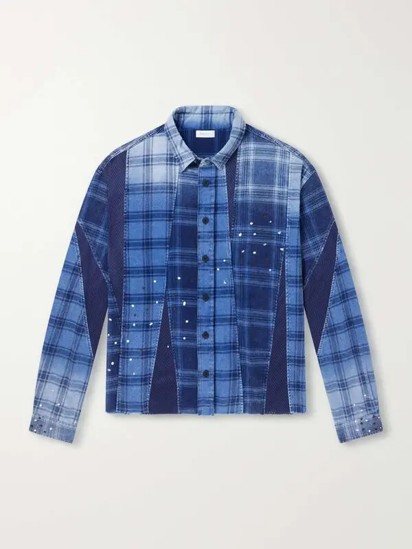 John Elliott Scar Paint-splattered Checked Mesh-trimmed Cotton-flannel Shirt