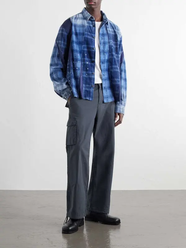 John Elliott Scar Paint-splattered Checked Mesh-trimmed Cotton-flannel Shirt
