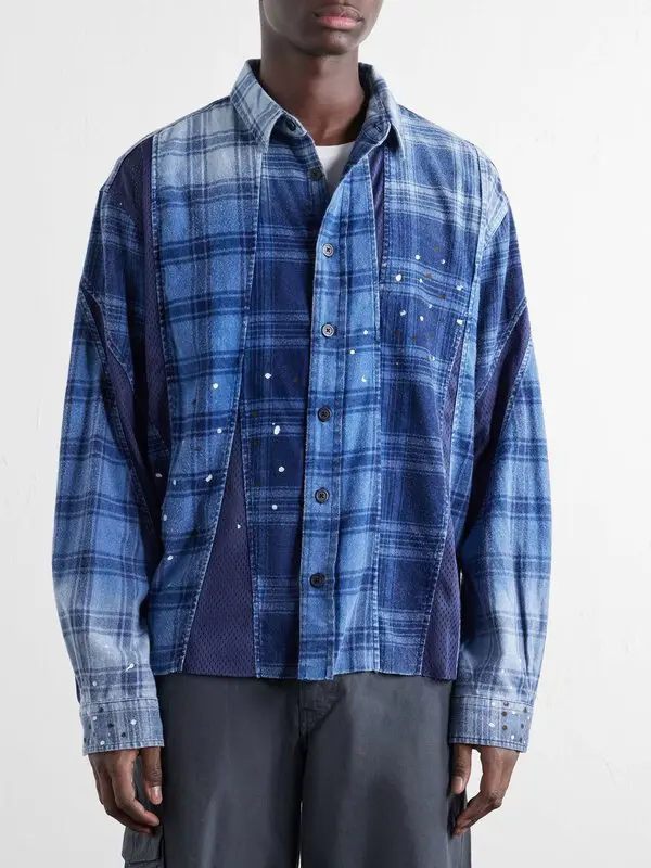 John Elliott Scar Paint-splattered Checked Mesh-trimmed Cotton-flannel Shirt