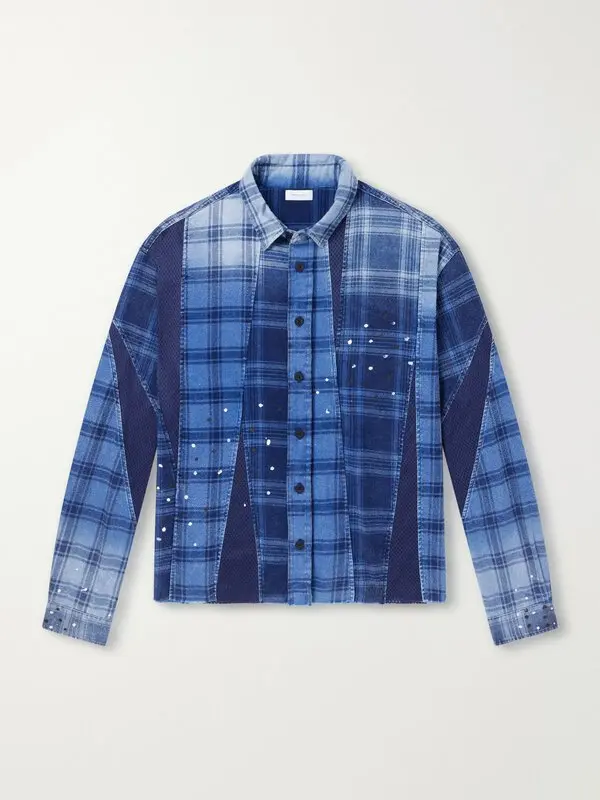 John Elliott Scar Paint-splattered Checked Mesh-trimmed Cotton-flannel Shirt - Blue