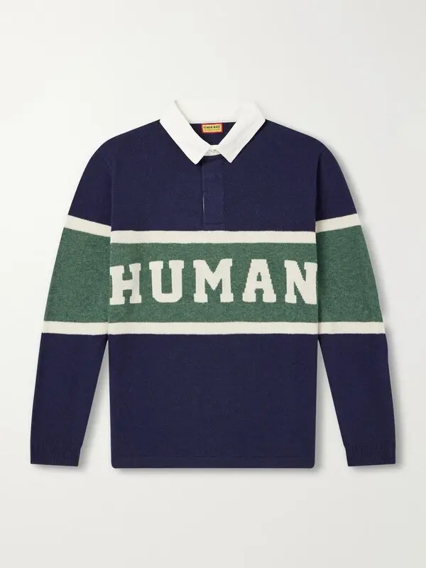 HUMAN MADE Logo-intarsia Wool-blend Polo Sweater - Blue