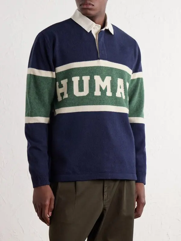 HUMAN MADE Logo-intarsia Wool-blend Polo Sweater - Blue