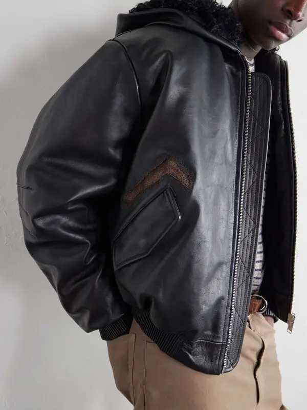 424 Padded Distressed Shearling-trimmed Leather Jacket