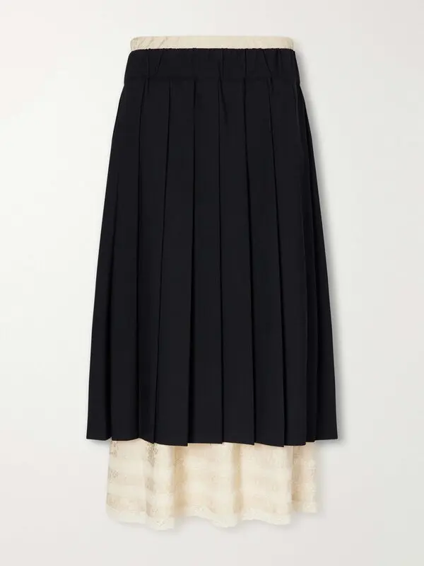 Sea Kathleen Lace And Floral Jacquard-trimmed Pleated Crepe Midi Skirt - Black
