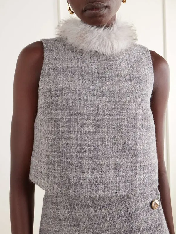 Cara Cara Gina Plush-trimmed Wool-blend Tweed Top