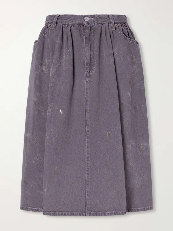 MAISON MARGIELA Gathered Paint-splattered Denim Midi Skirt - Gray