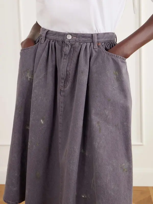 MAISON MARGIELA Gathered Paint-splattered Denim Midi Skirt