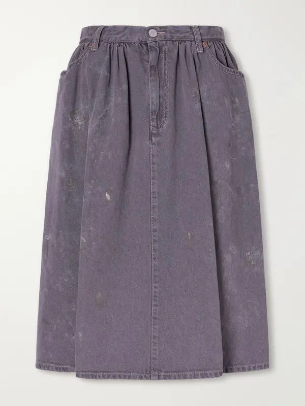 MAISON MARGIELA Gathered Paint-splattered Denim Midi Skirt - Gray