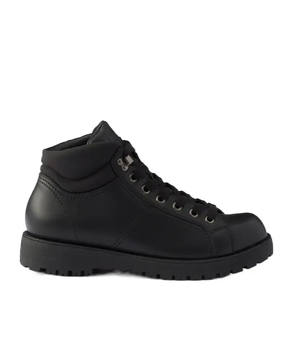 Prada Lace-up Leather And Re-nylon Booties - Black