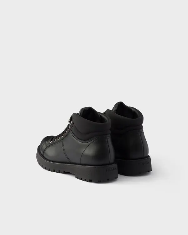 Prada Lace-up Leather And Re-nylon Booties - Black
