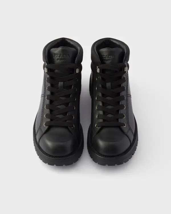 Prada Lace-up Leather And Re-nylon Booties - Black