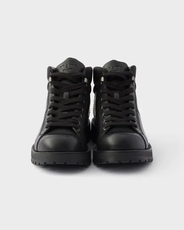 Prada Lace-up Leather And Re-nylon Booties - Black