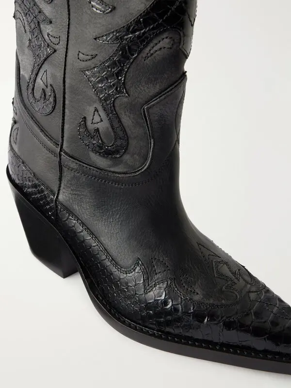 Paris Texas Embroidered Snake-effect Trimmed Leather Knee Boots