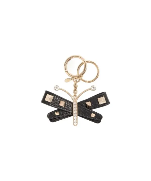 Valentino Garavani Rockstud Bag Charm With Keychain In Grainy Calfskin And Swarovski Crystals - Black