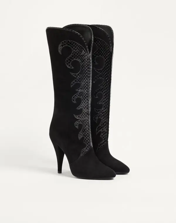 Valentino Garavani Boutade Suede Boot With Elaphe Details 105mm