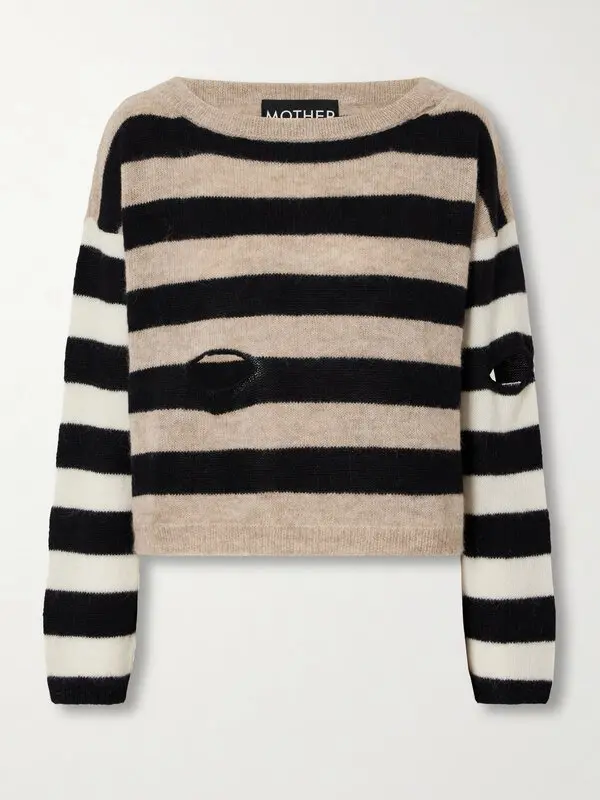 MOTHER The Cold Shoulder Distressed Cropped Striped Alpaca-blend Sweater - Multi
