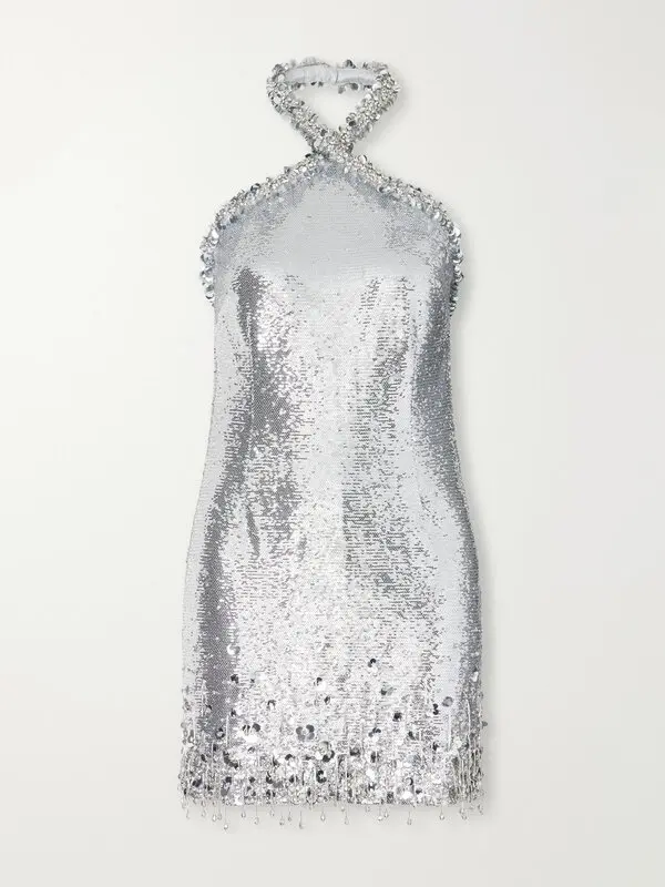 Simkhai Naya Crystal-embellished Sequined Satin Halterneck Mini Dress - Silver