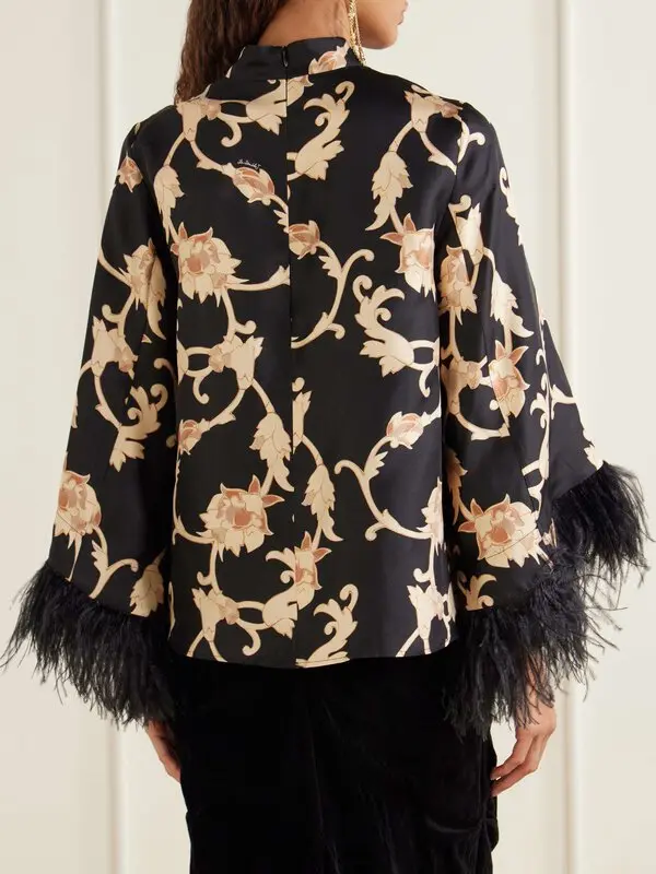 La DoubleJ Make An Exit Feather-trimmed Printed Silk-twill Blouse