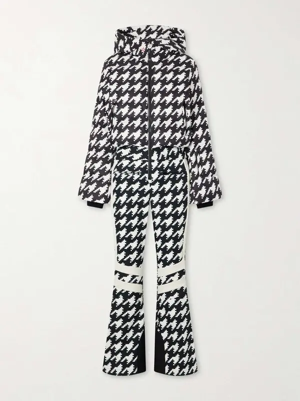 Perfect Moment Polar Flare Hooded Logo-embroidered Printed Houndstooth Shell Ski Suit - Black