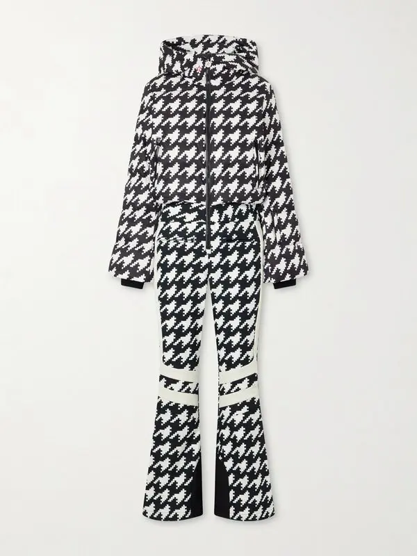 Perfect Moment Polar Flare Hooded Logo-embroidered Printed Houndstooth Shell Ski Suit - Black