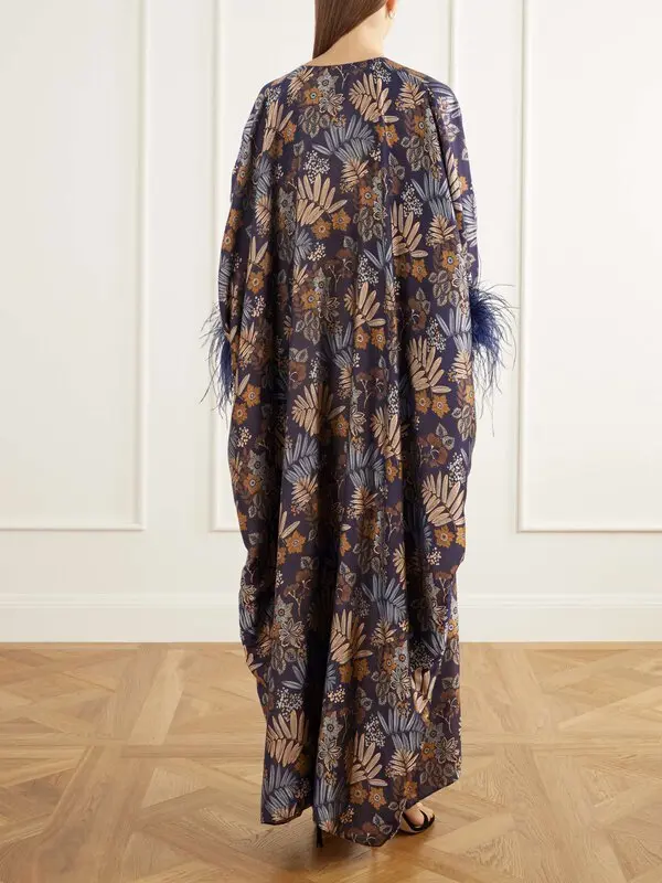 DIMA AYAD Feather-trimmed Floral-jacquard Crepe Gown