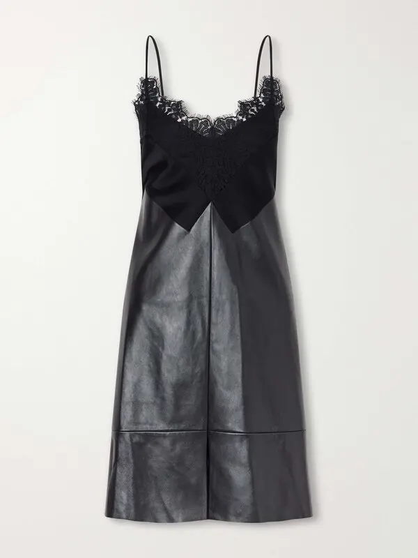 Sharon Wauchob Paneled Lace-trimmed Satin And Leather Mini Dress - Black