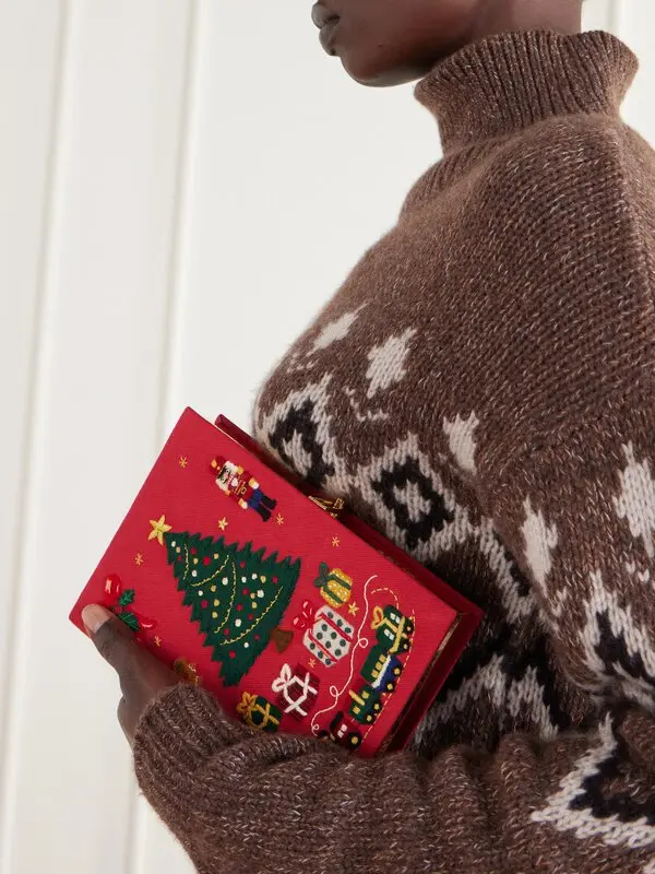 OLYMPIA LE-TAN Christmas Holidays Embroidered Canvas Clutch