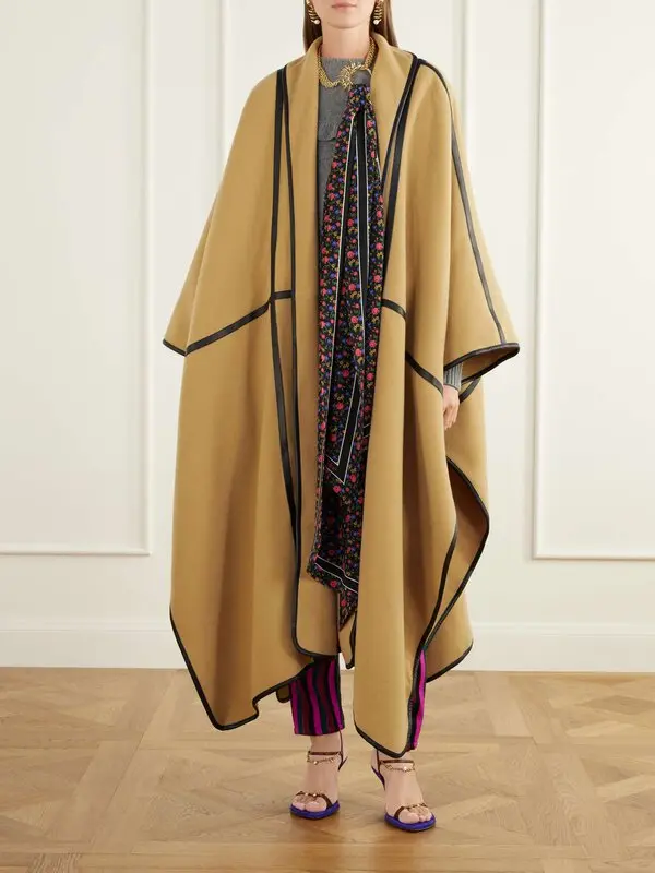Chloé Paneled Leather-trimmed Wool-blend Flannel Cape