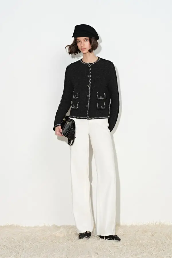 Fabrique Grace Contrast Trim Boxy Cropped Cardigan In Wool Cotton Blend - Black