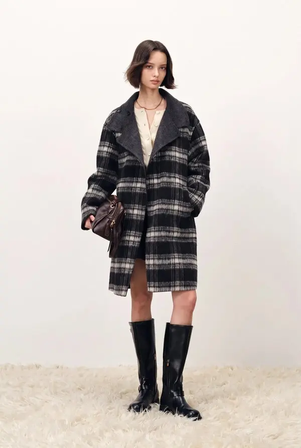 Fabrique Telos Plaid Reversible Midi Coat In Wool Blend