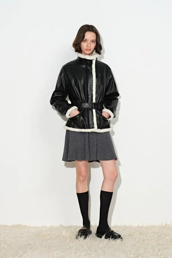 Fabrique Athena Belted Shearling Padded Jacket In Vegan Leather