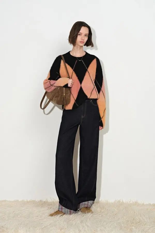 Fabrique Monica Space Dyed Argyle Sweater In Alpaca Blend - Orange