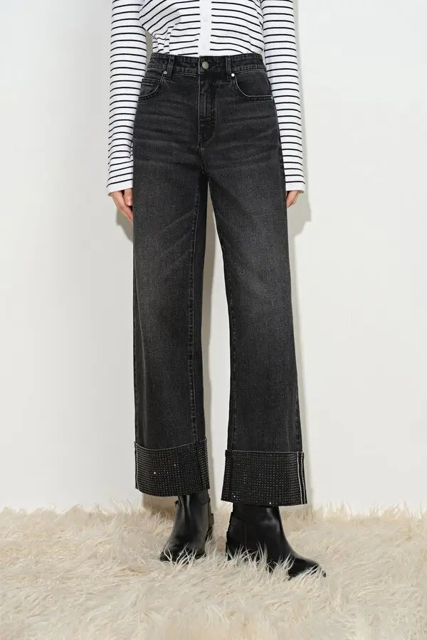 Fabrique Grazia Crystal Studded Cropped Straight Leg Jeans In Cotton Denim - Black