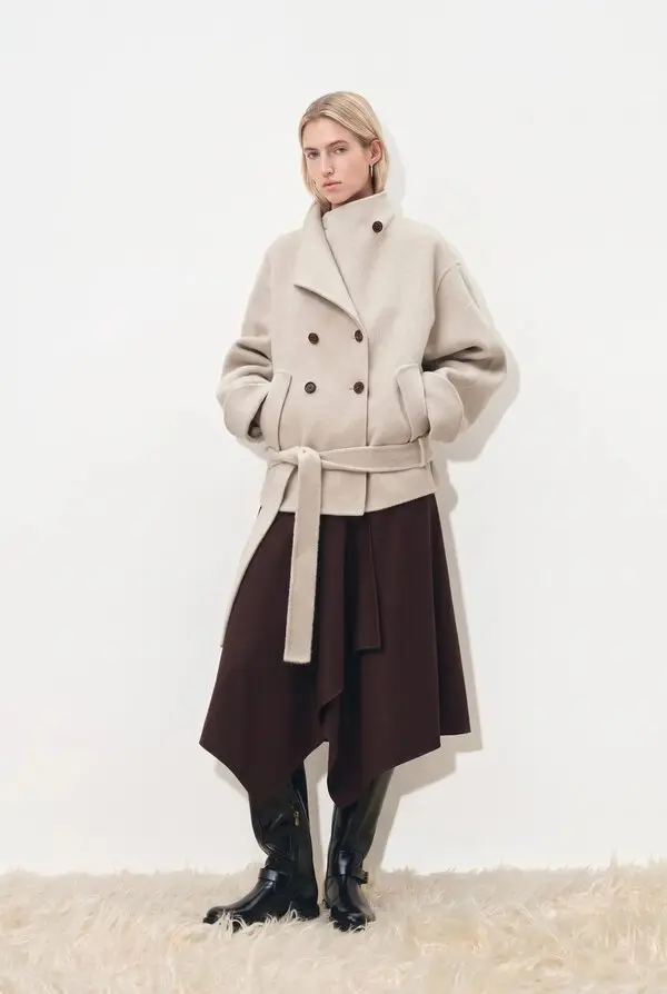 Fabrique Asa Belted Low Waist Cropped Coat In Wool Blend