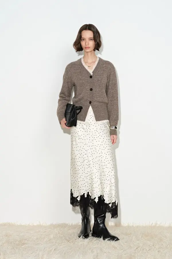 Fabrique Mckenna Faux Layered Lace Panel Cardigan In Alpaca Blend - Grey