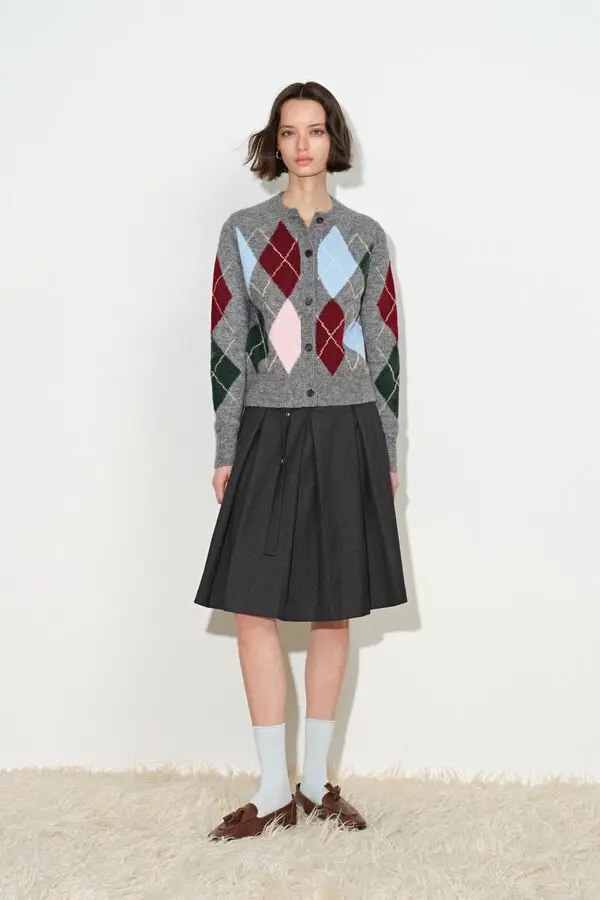 Fabrique Hart Argyle Fitted Cropped Cardigan In Wool Blend - Grey