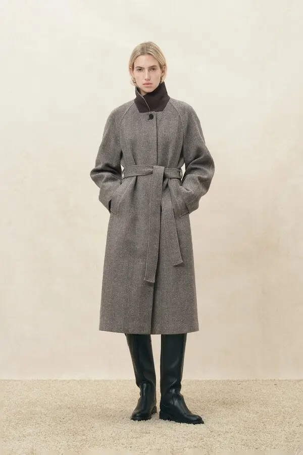 Fabrique Paula Belted Herringbone Long Coat In Wool Blend