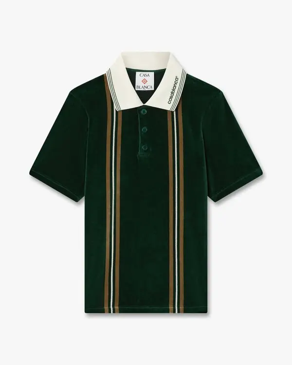 Casablanca Brown Stripe Velour Short Sleeve Polo Shirt