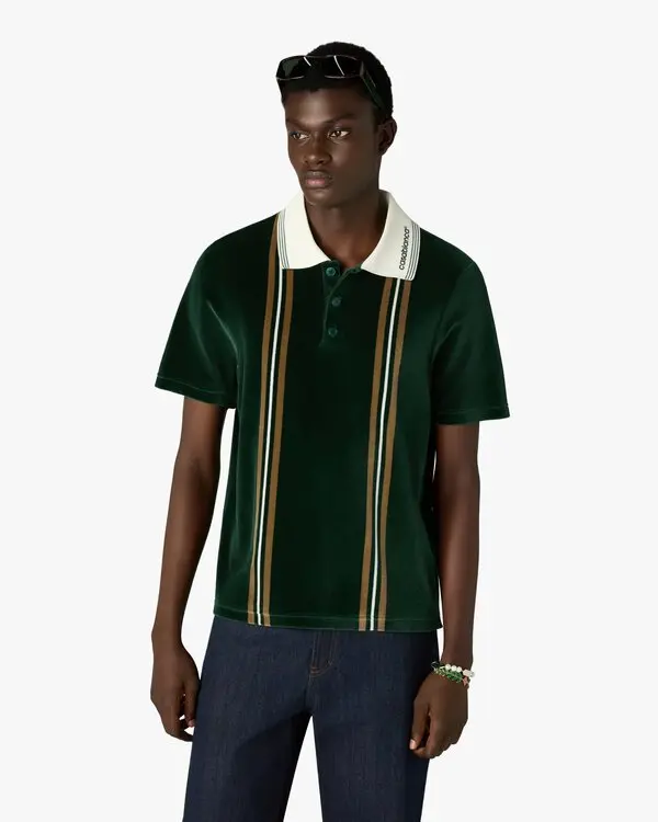 Casablanca Brown Stripe Velour Short Sleeve Polo Shirt
