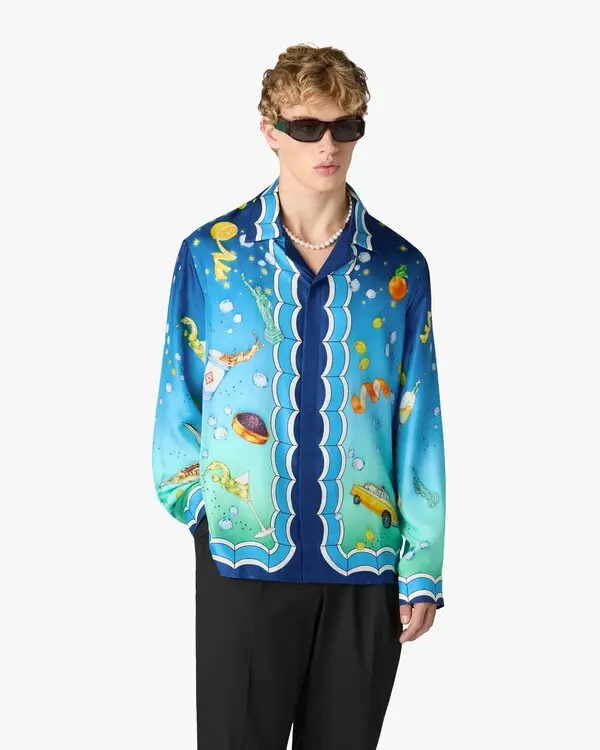 Casablanca Blue Gradient Casa Kaspia New York Long Sleeve Silk Shirt