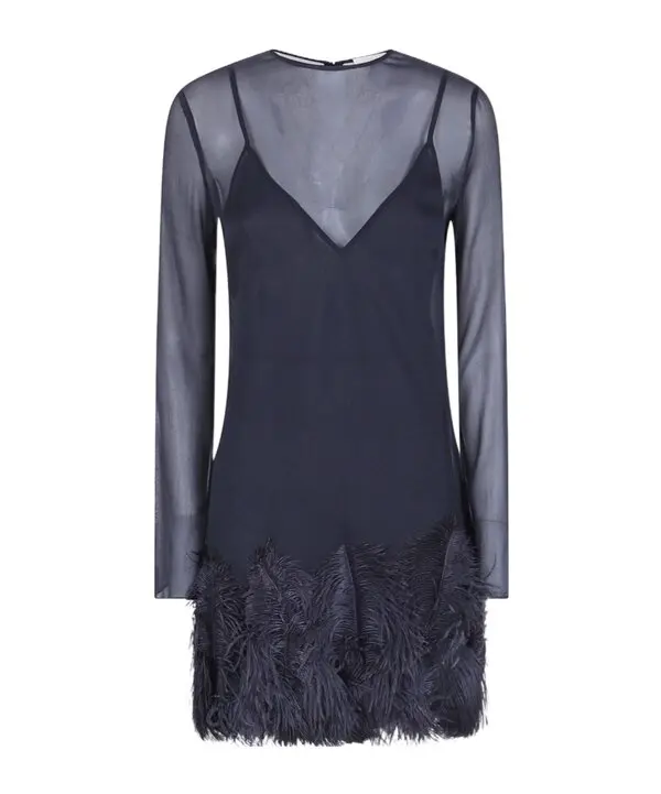SEMICOUTURE Rae Feather-trim Sheer-sleeve Mini Dress
