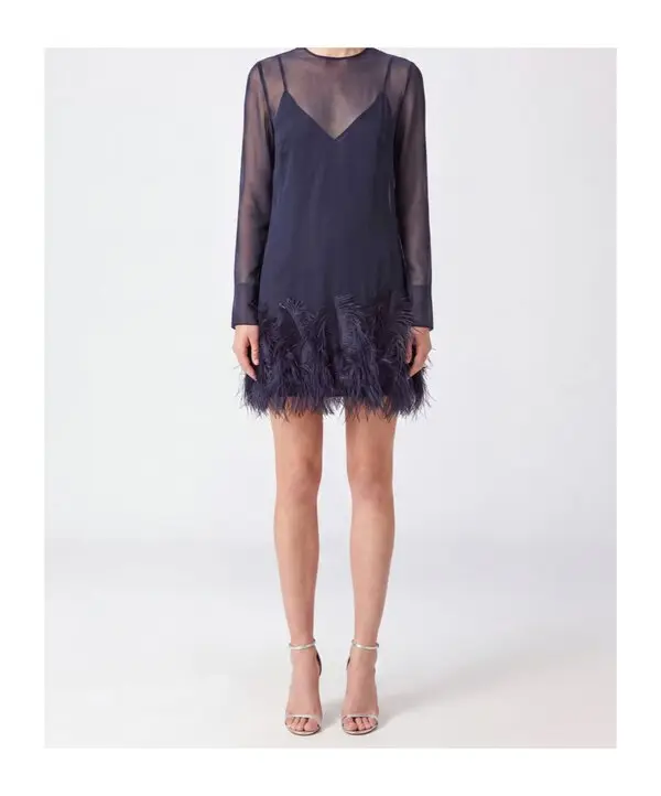 SEMICOUTURE Rae Feather-trim Sheer-sleeve Mini Dress